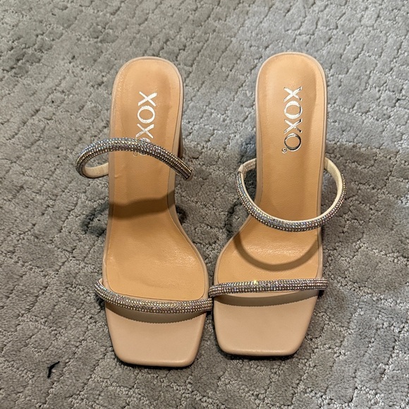 XOXO | Shoes | Xoxo Beige Heeled Sandals With Rhinestone Straps | Poshmark